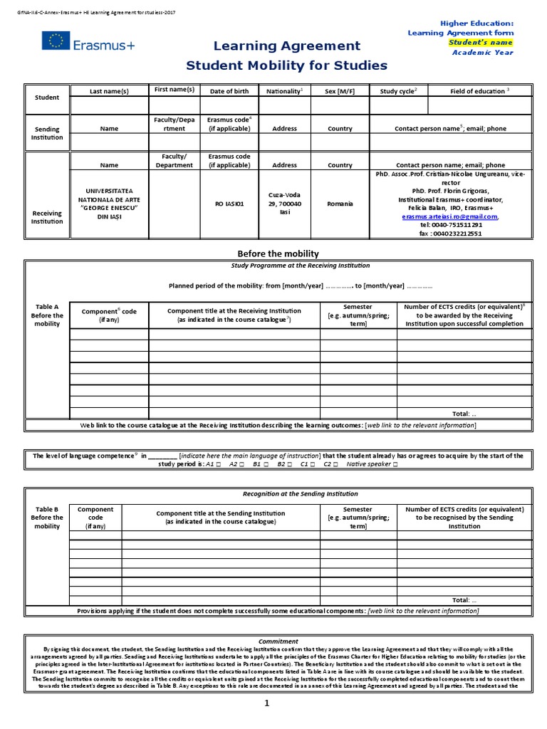 Learning Agreement Student Mobility For Studies | PDF | Academic Degree | Academia