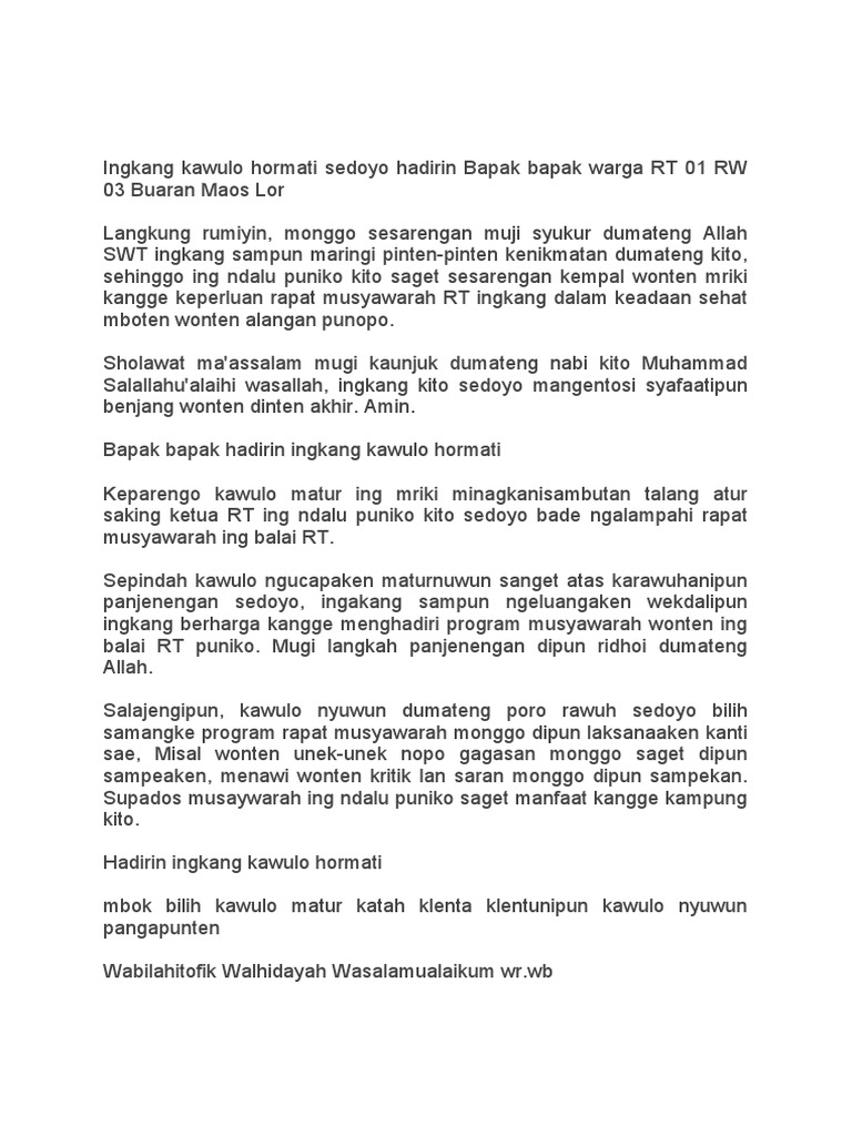 Ingkang Kawulo Hormati Sedoyo Hadirin Bapak Bapak Warga RT 01 RW 03 Buaran Maos Lor | PDF