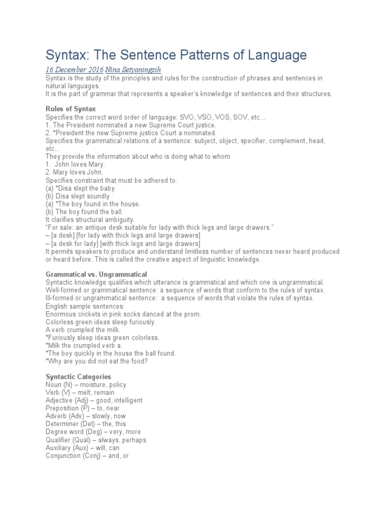 Syntax: The Sentence Patterns of Language: 16 December 2016 Nina ...