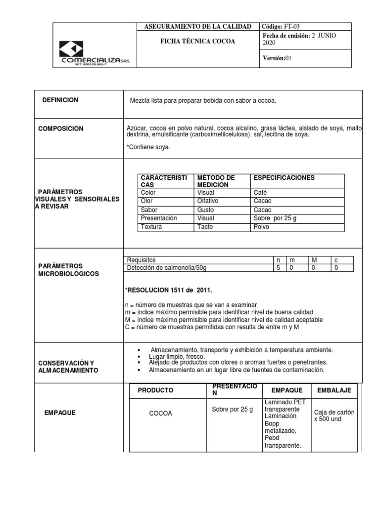 Ficha Tecnica Cocoa PDF | PDF | Chocolate | Alimentos Ficha Tecnica Cocoa PDF | PDF | Chocolate | Alimentos
