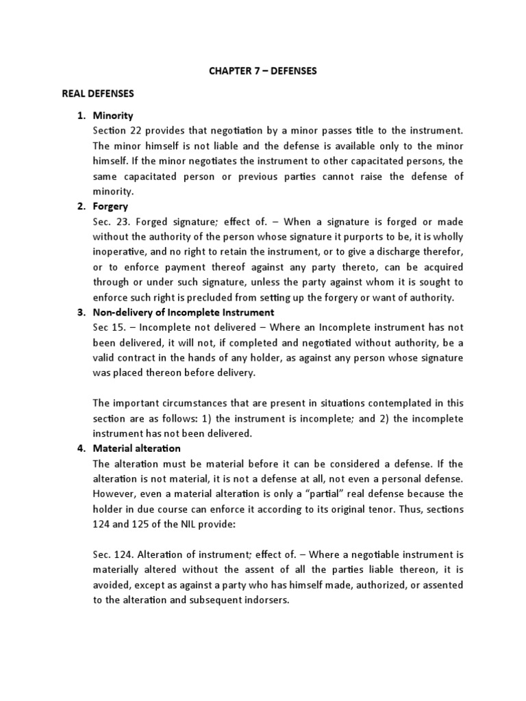 Chapter 7 - Defenses Real Defenses 1. Minority | PDF | Business Law ...
