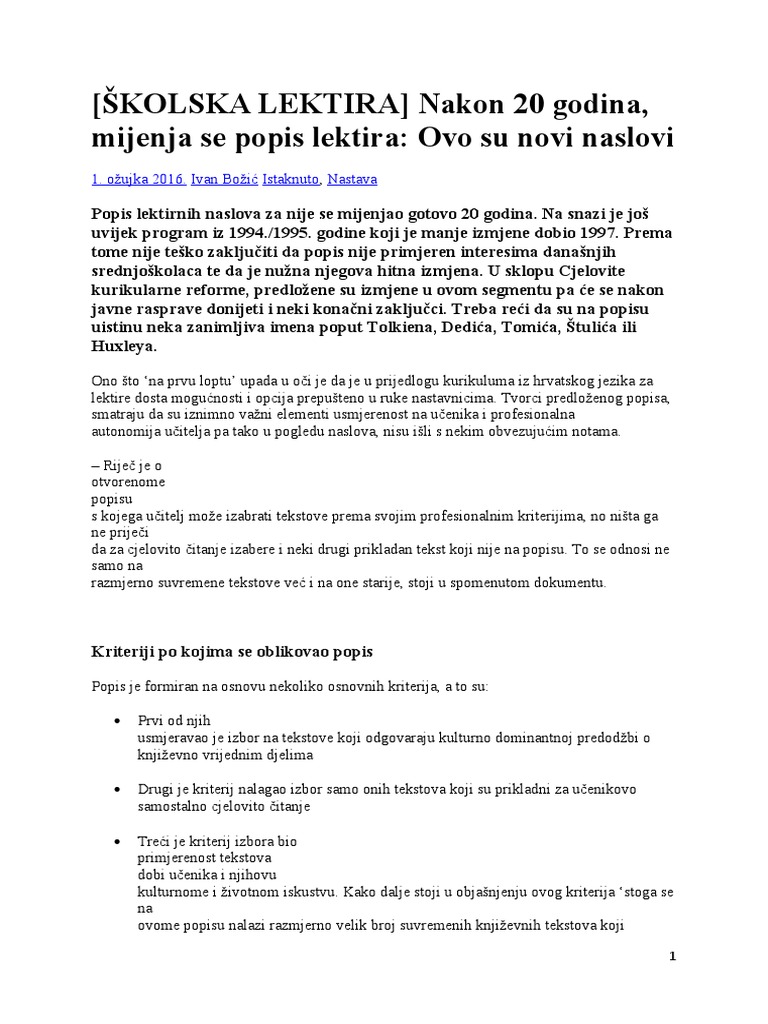 Lektira Za Srednju Skolu | PDF