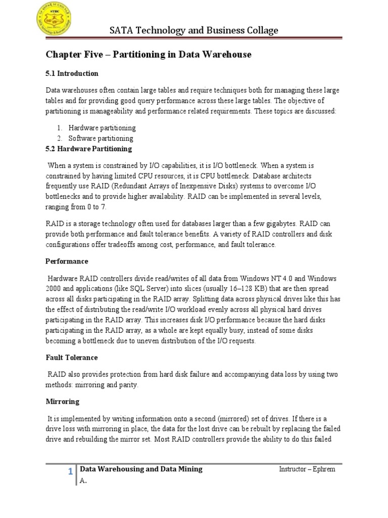 Chapter Five - Partitioning in Data Warehouse: SATA Technology and Business Collage | PDF | Data ...