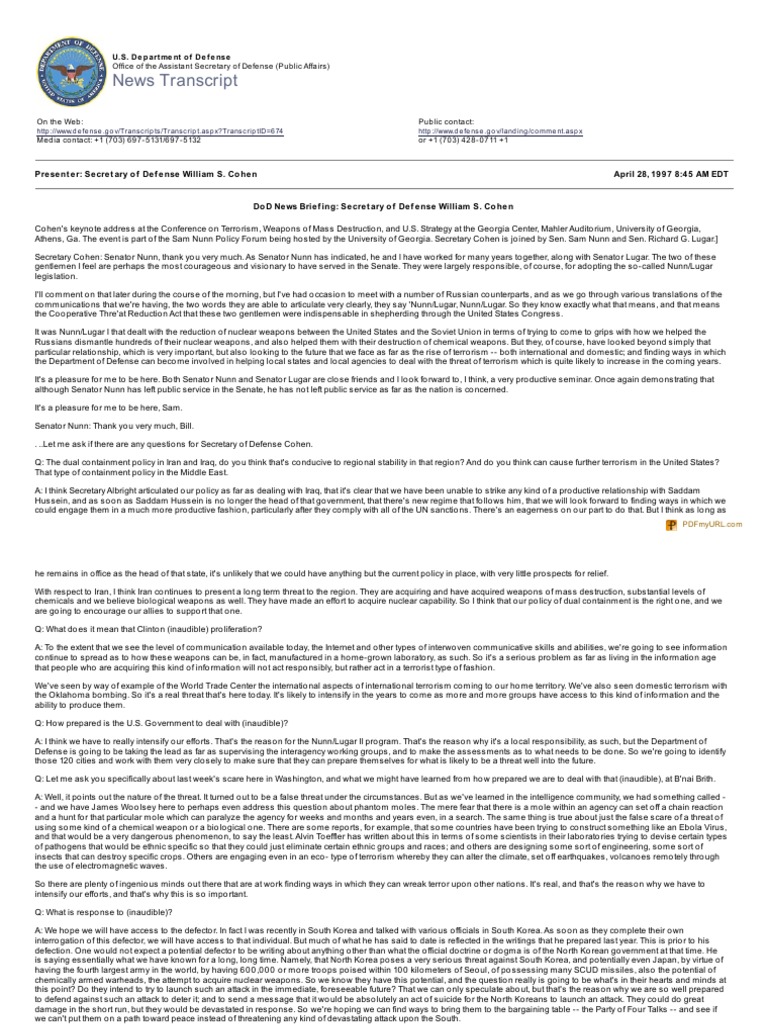 Defense Department Transcript | PDF | Violence