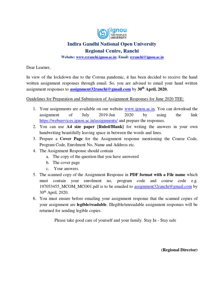 Indira Gandhi National Open University Regional Centre, Ranchi | PDF