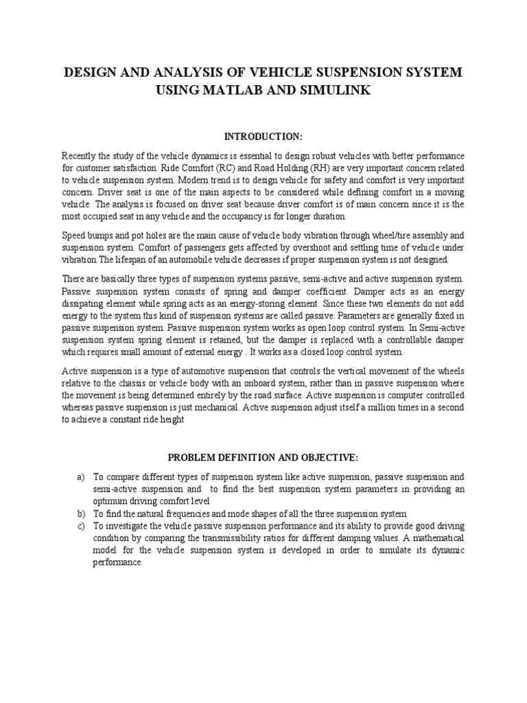Design and Analysis of Vehicle Suspension System Using Matlab and Simulink | PDF | Resonance ...