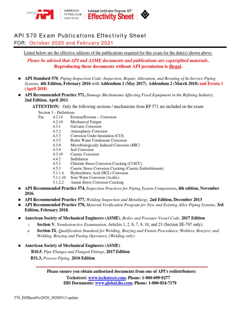 API 570 Exam Publications Effectivity Sheet: October 2020 and February ...