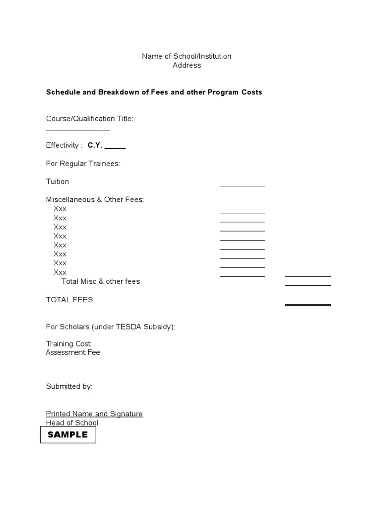 SAMPLE Format Breakdown_Schedule of Fees