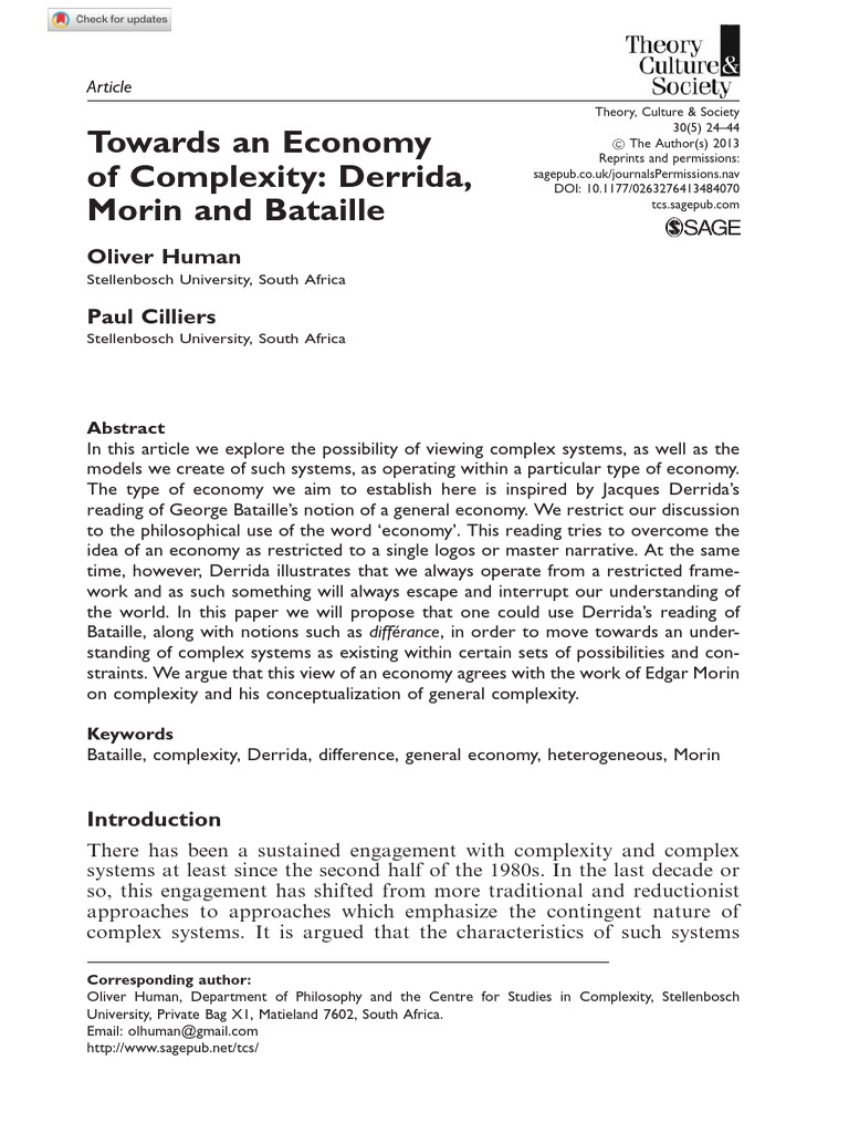 Towards An Economy of Complexity: Derrida, Morin and Bataille | PDF | Reductionism | System
