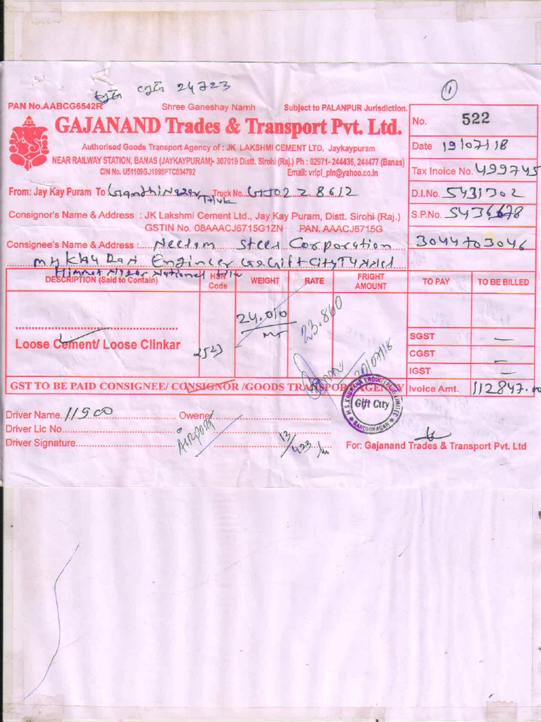 Gajanand Traders & Transport Cement Report | PDF