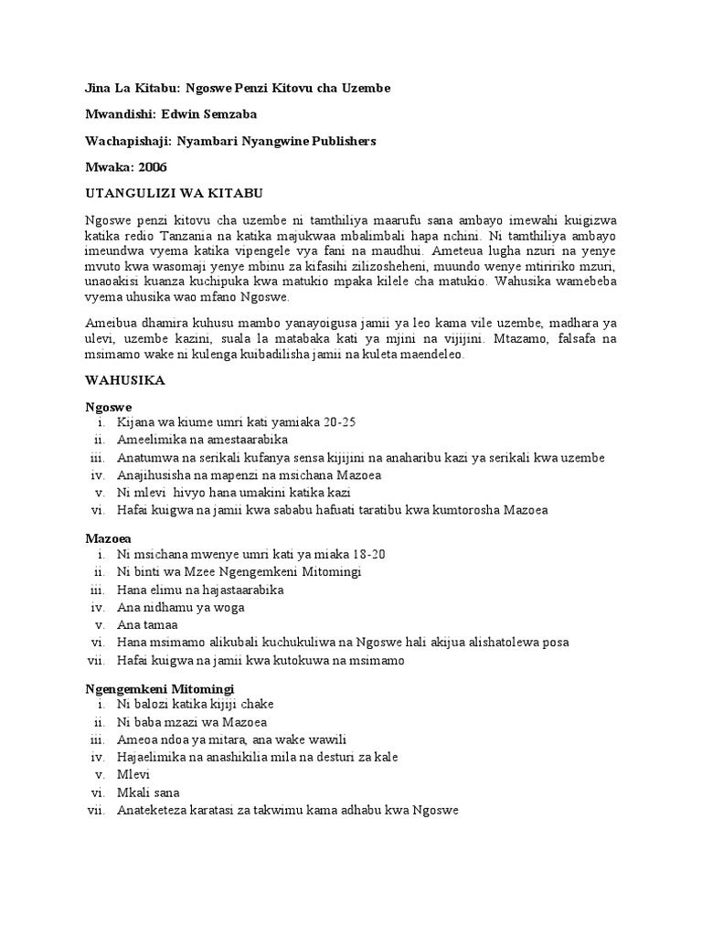 Ngoswe Penzi Kitovu Cha Uzembe | PDF