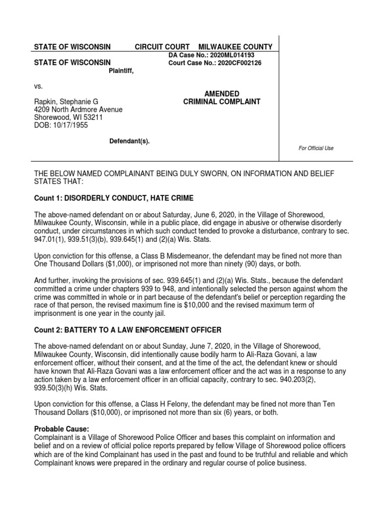 Criminal Complaint - Amended - 3 - Rapkin, Stephanie G | PDF ...
