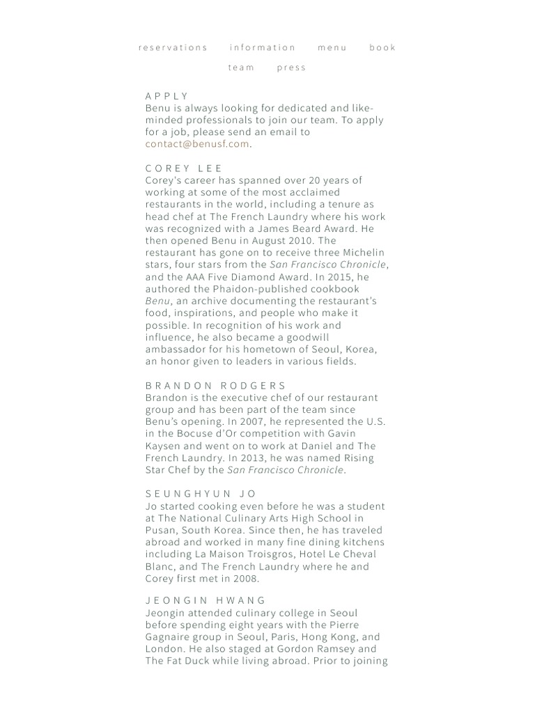 Benu, An Archive Documenting The Restaurant's: Reservations Information ...