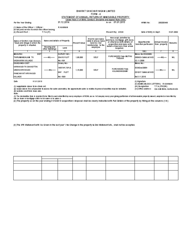 Bharat Sanchar Nigam Limited Form - 4 Statement of Annual Return of ...