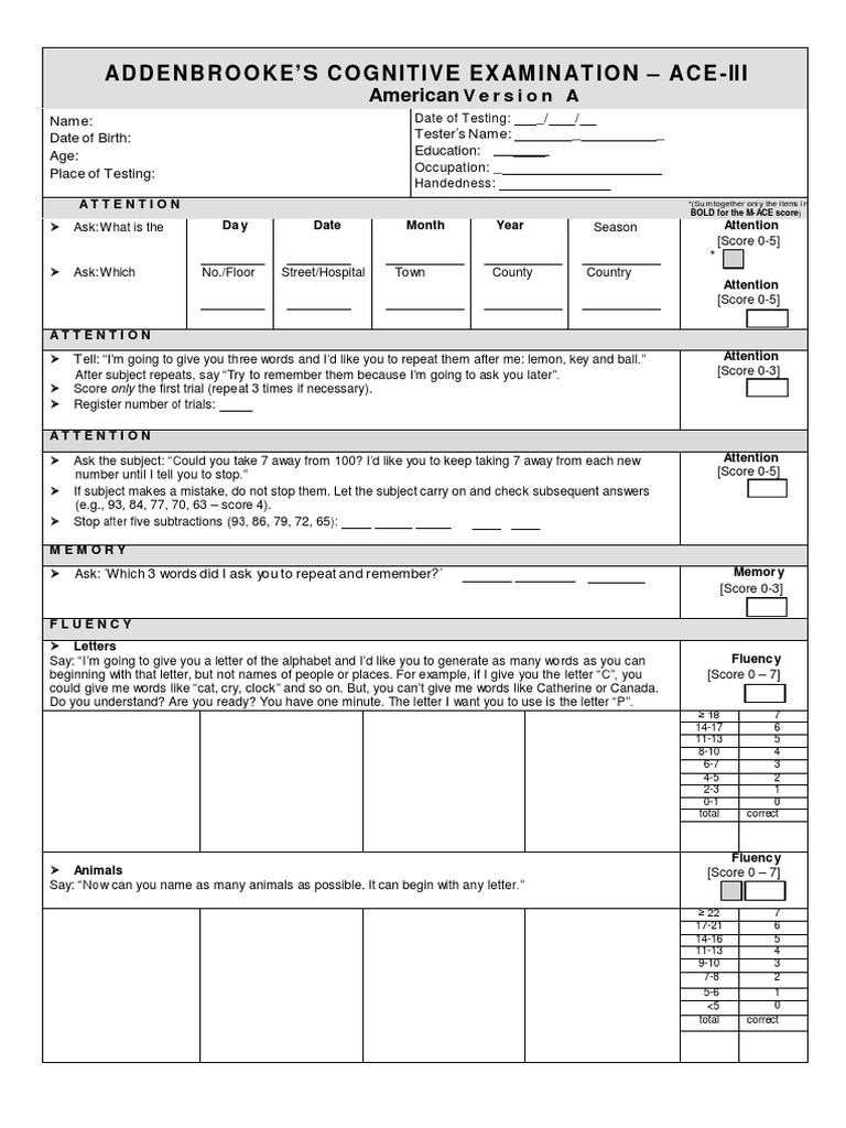Addenbrooke 'S Cognitive Examination - Ace-Iii: American | PDF ...