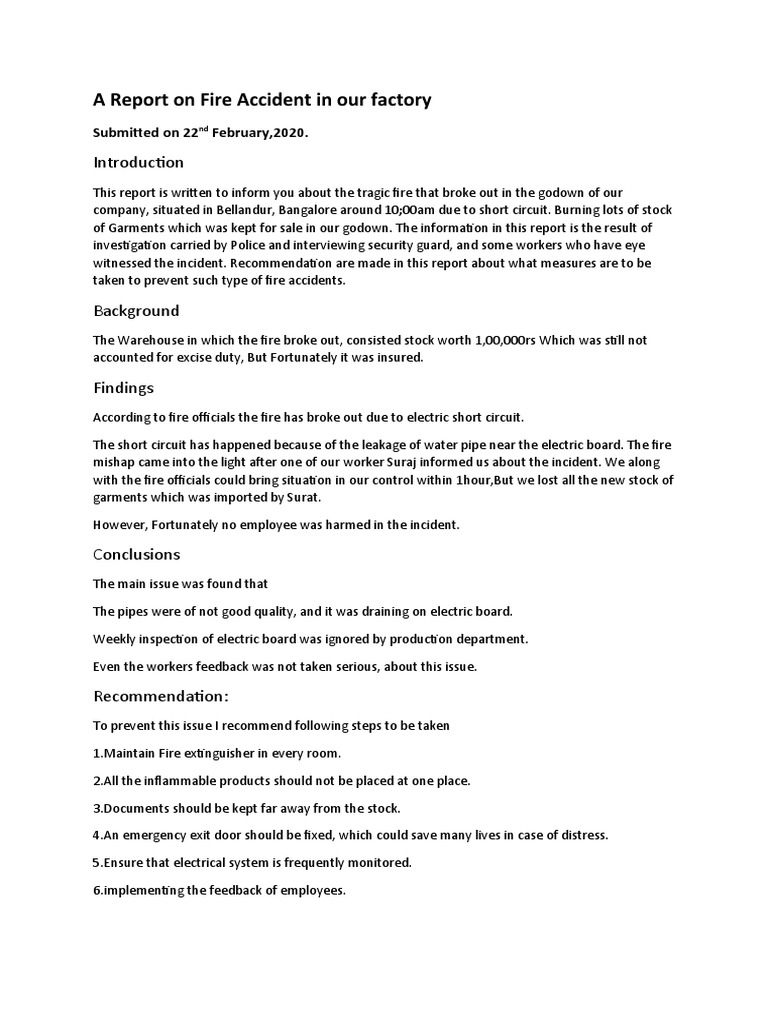 A Report About Fire Accident in Our Factory | PDF