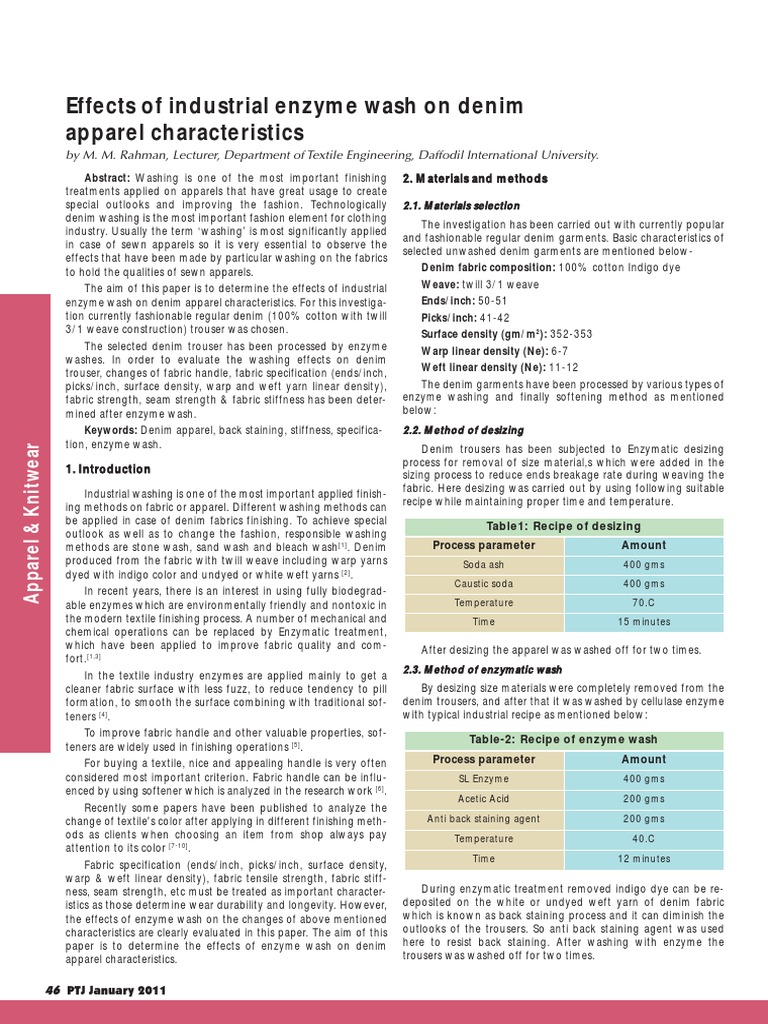 Effects of Industrial Enzyme Wash On Denim Apparel Characteristics ...