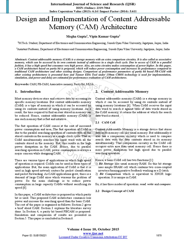 Design and Implementation of a Low Power Parity Bit Based Content Addressable Memory ...