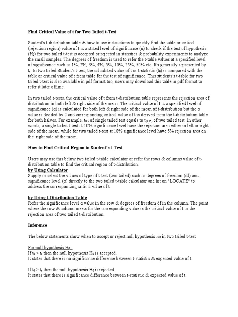 Find Critical Value of T For Two Tailed T | PDF | Student's T Test ...
