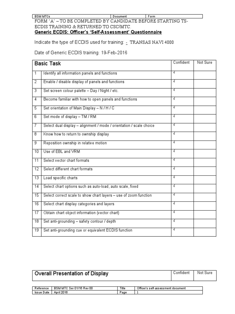 Basic Task: Generic ECDIS: Officer's Self-Assessment' Questionnaire | PDF | Navigation | Software