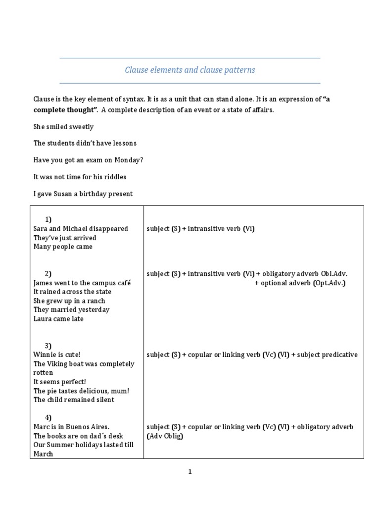 Clause Elements and Clause Patterns PDF | PDF | Verb | Adjective