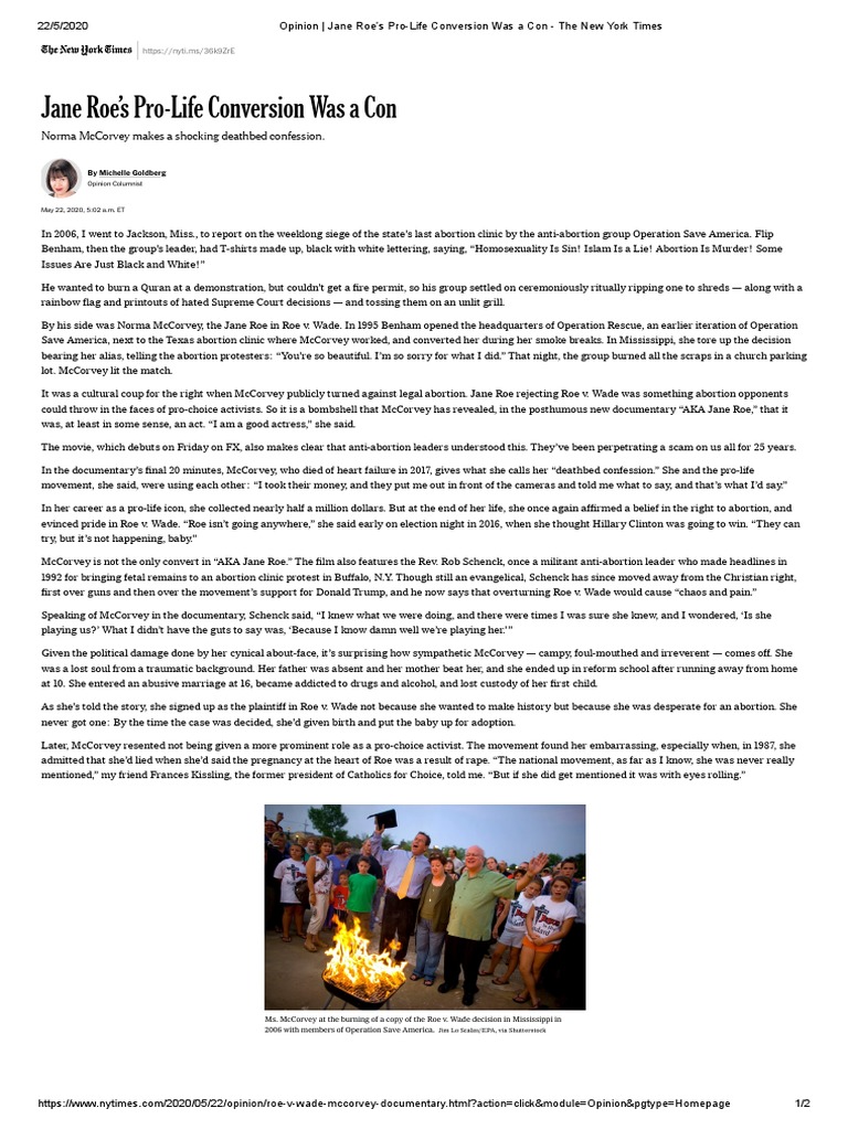 Opinion - Jane Roe's Pro-Life Conversion Was A Con - The New York Times ...