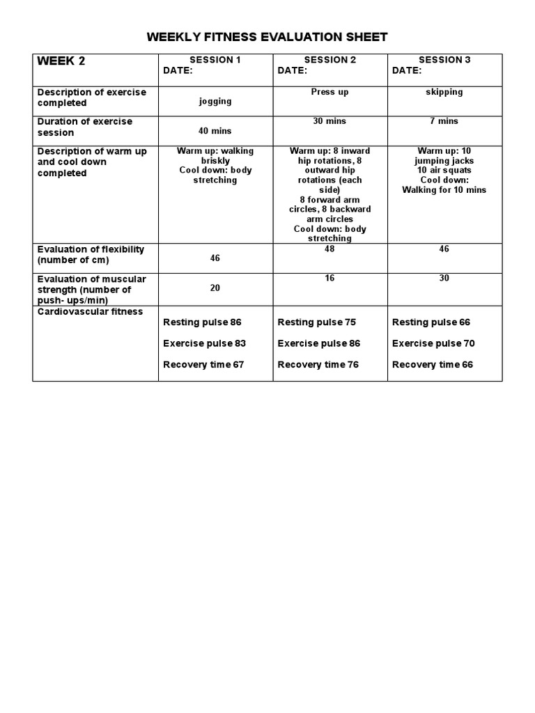 Weekly Fitness Evaluation Sheet | PDF | Aerobic Exercise | Physical Fitness