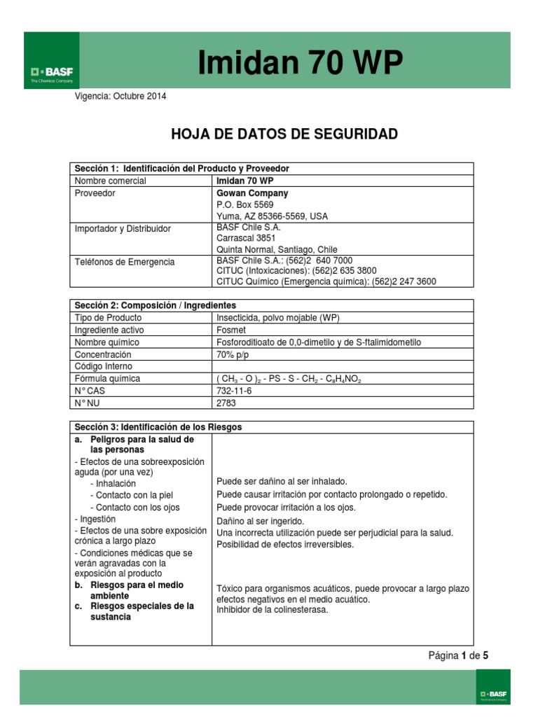 HDS Imidan Insecticida AMARILLO | PDF | Toxicidad | Polvo