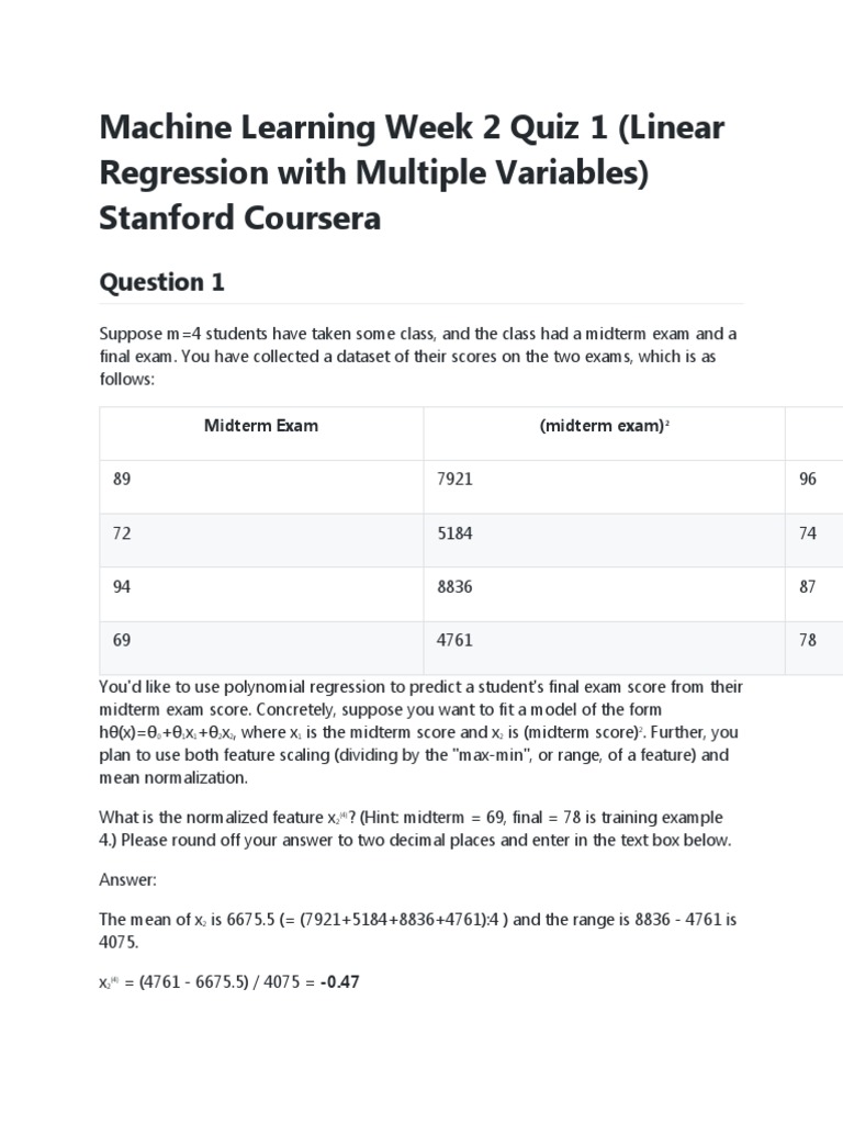 Machine Learning Week 2 Quiz 1 (Linear Regression With Multiple Variables) Stanford Coursera ...