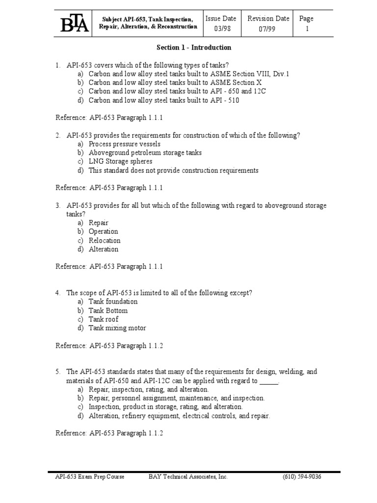 Section 2 API-653 Practice Questions | PDF | Structural Steel | Test ...