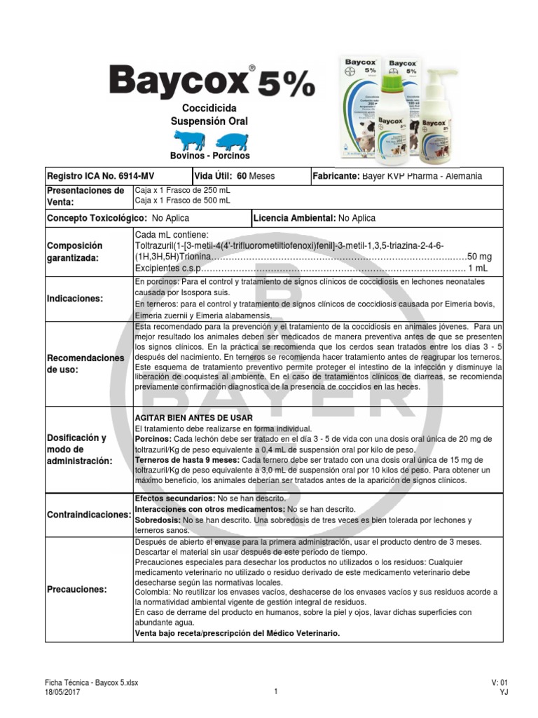 Baycox 5 Susp Oral - Ficha Técnica | PDF | Medicamentos con receta | Vacas