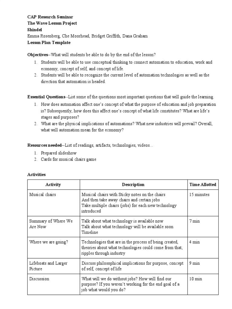 Robots and Automation - Wave Lesson Project - Lesson Template | PDF ...