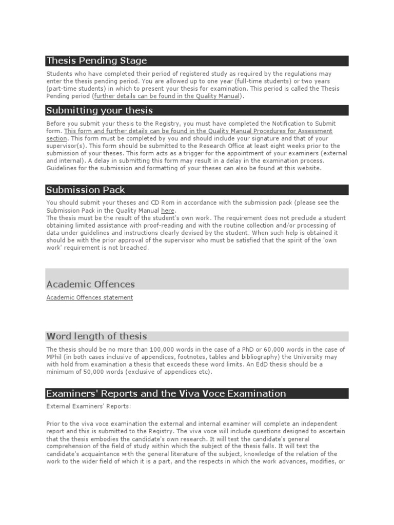 Preparation and Submission of Theses and The Thesis Pending Stage | PDF | Thesis | Educational ...