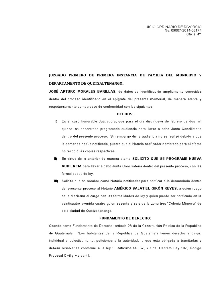 MEMORIAL PARA SOLICITAR NUEVA AUDIENCIA - Ordinario de Divorcio Jose ...