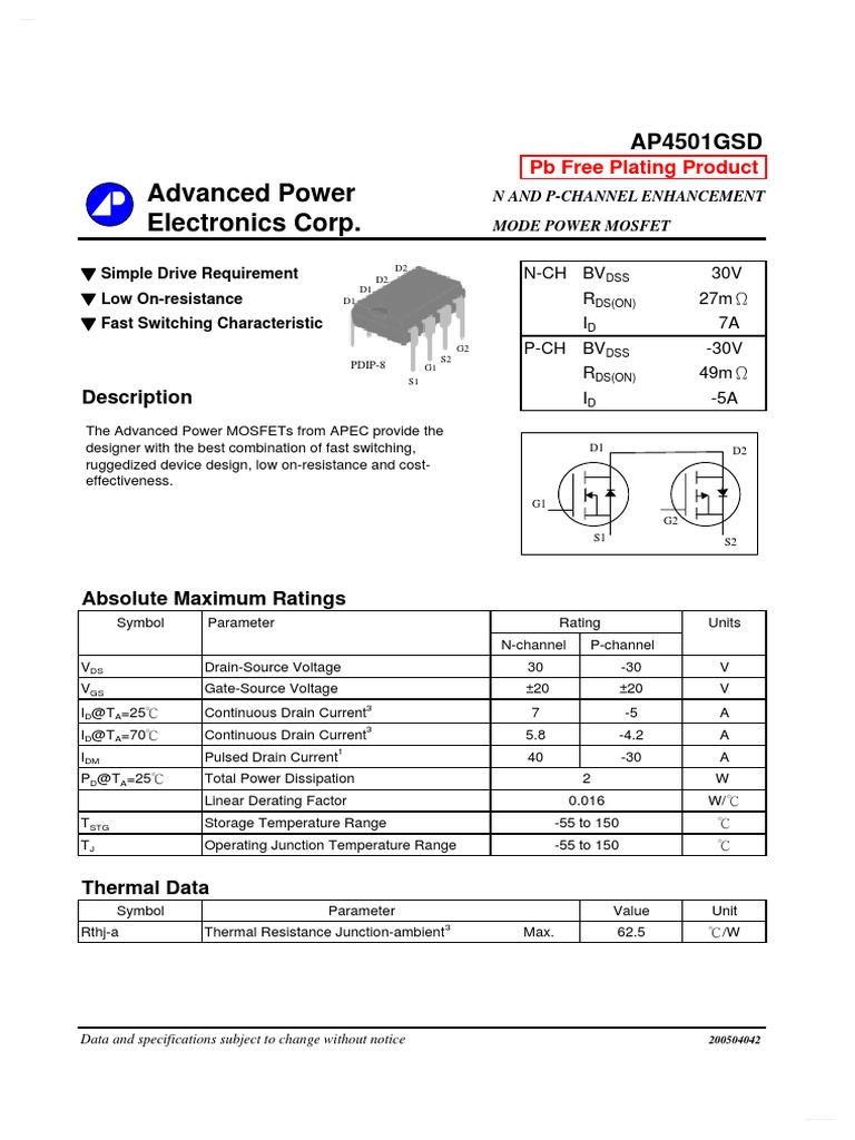 4501GSD-Advanced Power Electronics | PDF | Field Effect Transistor | Diode