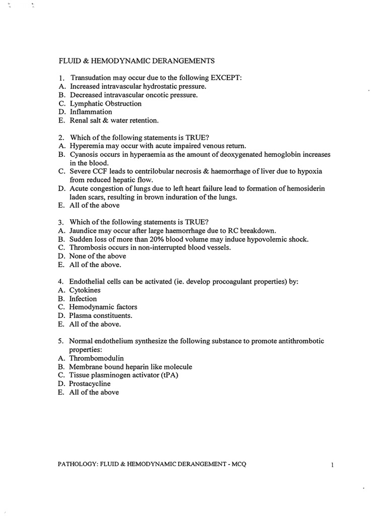 Fluid and Hemodynamic Derangements MCQ | PDF | Coagulation | Thrombus