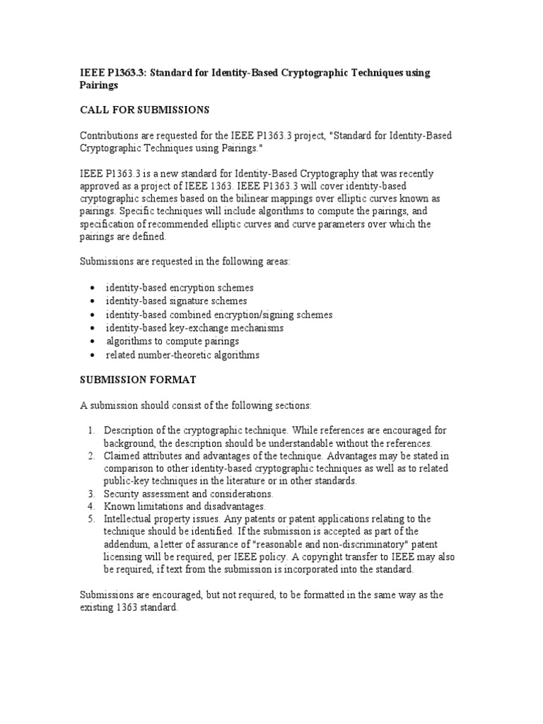 IEEE P1363.3: Standard For Identity-Based Cryptographic Techniques Using Pairings Call For ...
