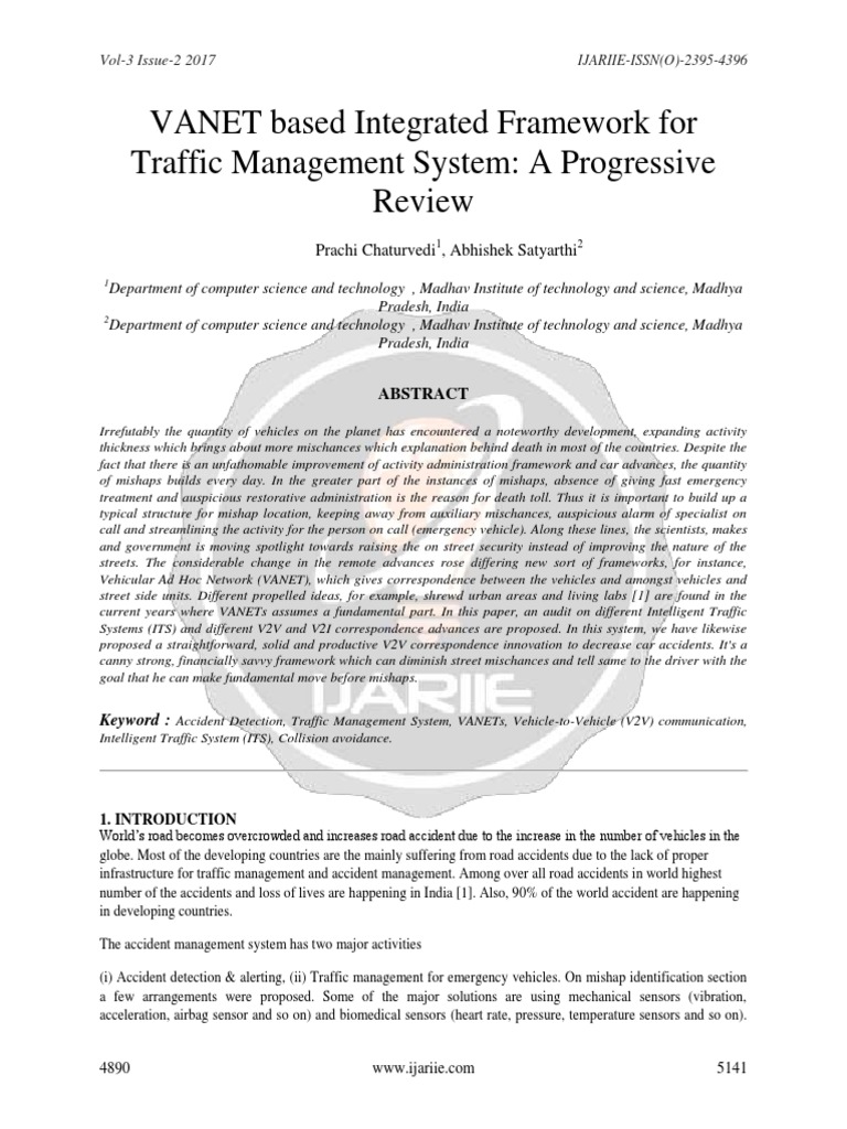 Vanet Based Integrated Framework For Traffic Management System A Progressive Review Ijariie4890