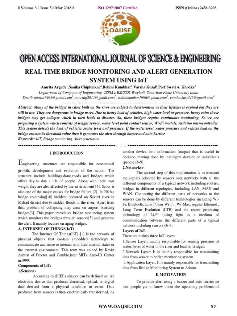 Real Time Bridge Monitoring and Alert Generation System Using Iot | PDF ...
