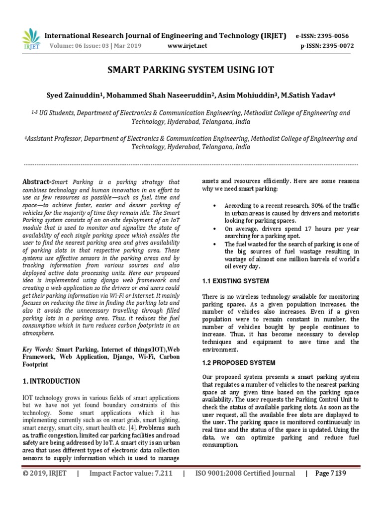 Irjet - Smart Parking System Using Iot | PDF | Computer Engineering ...