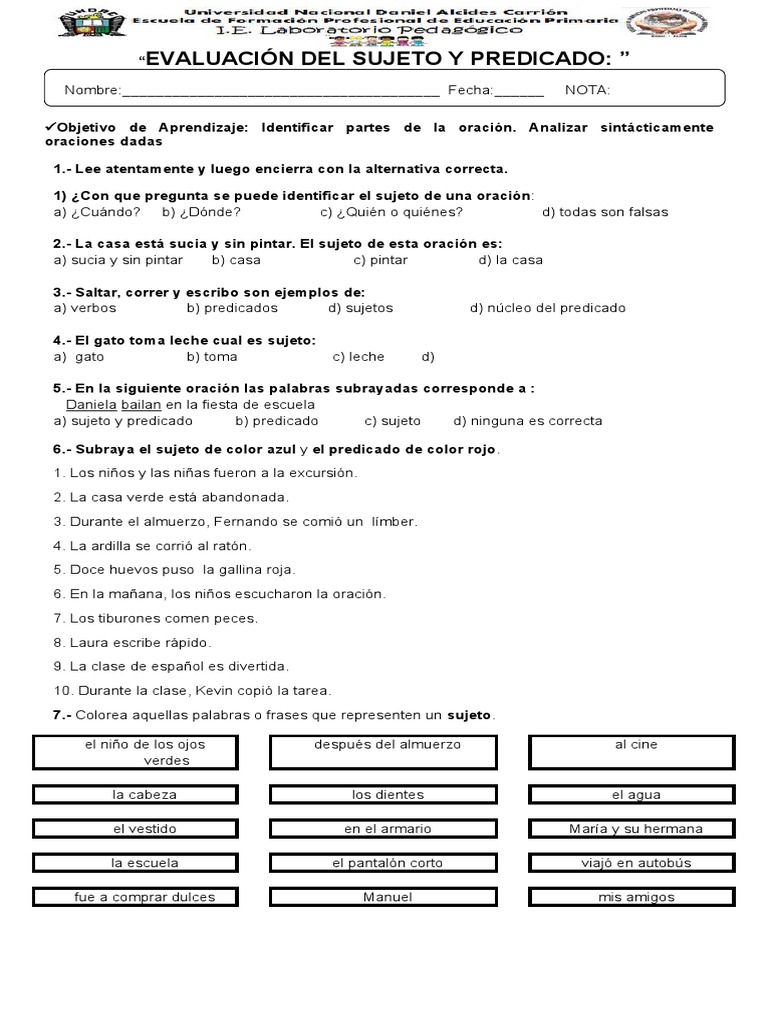 Evaluación de Sujeto y Predicado | PDF | Artes del Lenguaje y ...
