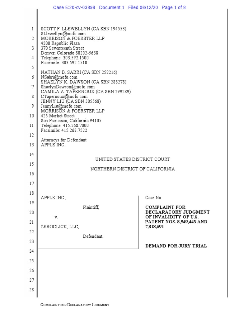 Apple V Zeroclick | PDF | Declaratory Judgment | Lawsuit