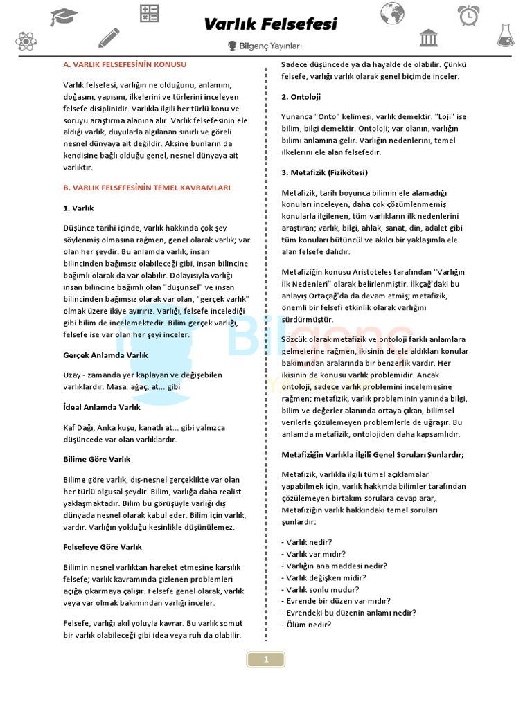 Tyt Felsefe Varlik Felsefesi Ders Notu | PDF