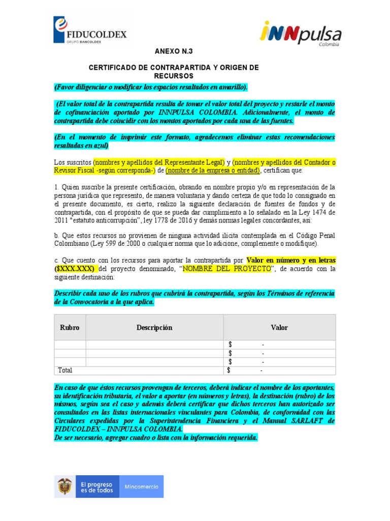 03 Anexo 3 Certificado de Contrapartida y Origen de Recursos 0 1 | PDF | Justicia | Crimen y ...