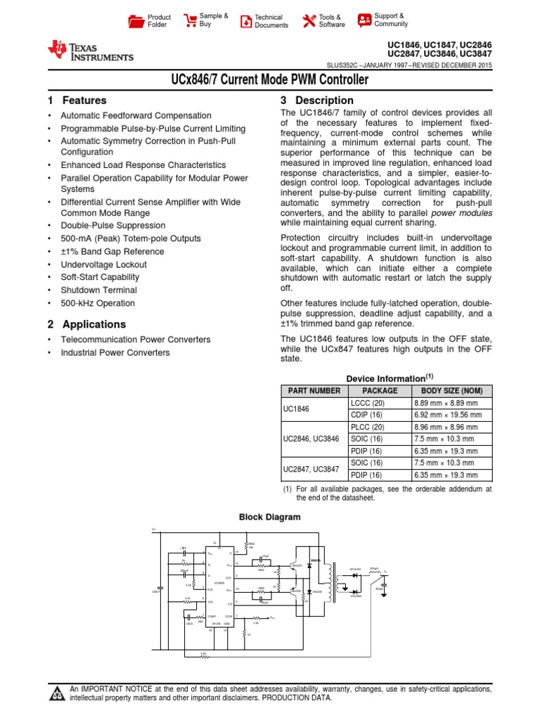 Ucx846/7 Current Mode PWM Controller: 1 Features 3 Description | PDF | Amplifier | Electrostatic ...