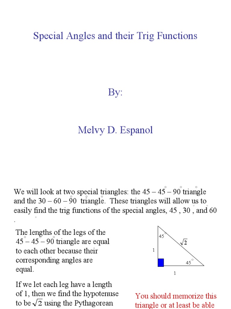 Special Angle Trigo Functions | PDF | Trigonometric Functions ...