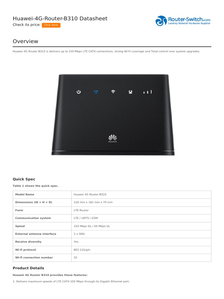 Huawei-4G-Router-B310 Datasheet: Check Its Price | PDF | 4 G | Wi Fi