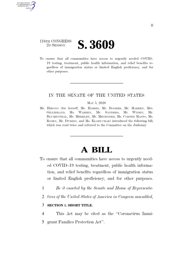 S 3609 Coronavirus Immigrant Families Protection Act | PDF | Public ...