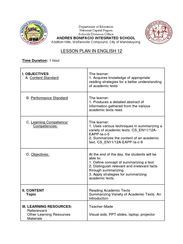 Lesson Plan in English 12: Andres Bonifacio Integrated School | PDF ...
