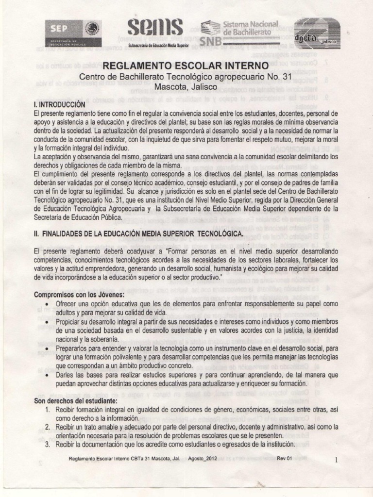 Reglamento-Escolar Interno Cbta 231 Jalisco | PDF